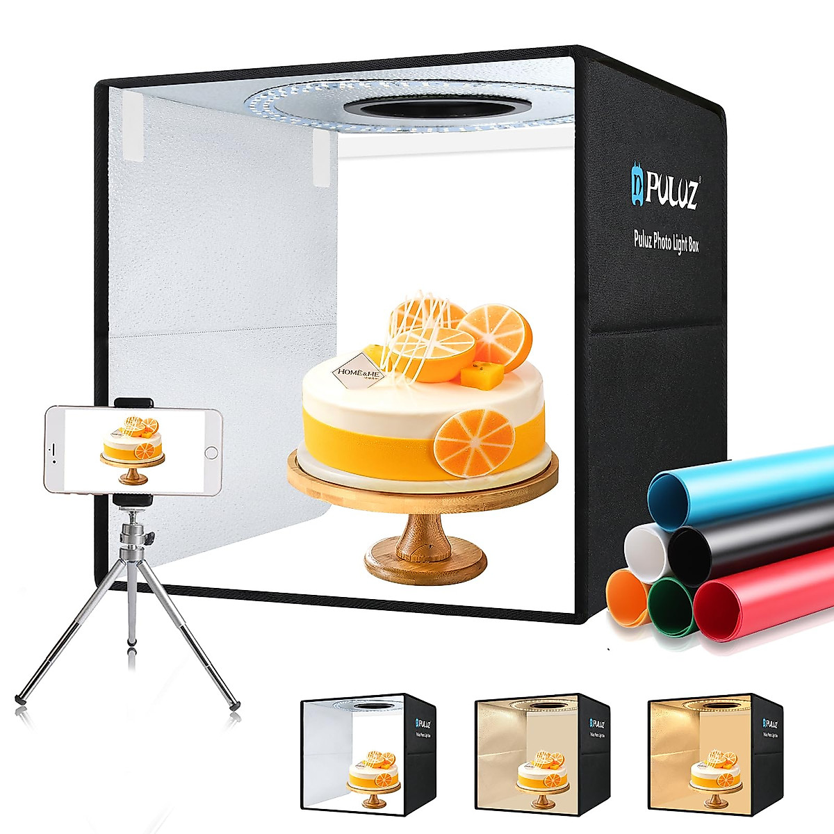 Portable Photo Studio Light Box, 15.8"x15.8"x15.8" Mini Photo Booth Light Box Photography, 3-Color Dimmable Folding Shooting Tent Kit with 160 LED Lights & 6 PVC Backdrops for Product Photography