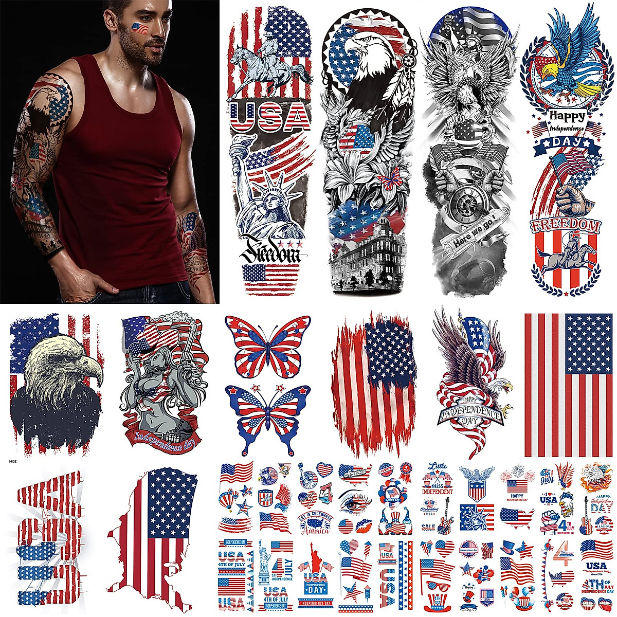 Aresvns Independence Day Temporary Tattoo 32 Sheets,USA Flag Sleeve Tattoo,Red White and Blue Party Supplies, 4th of July, Memorial Day, Labor Day Decorations Patriotic Tattoos