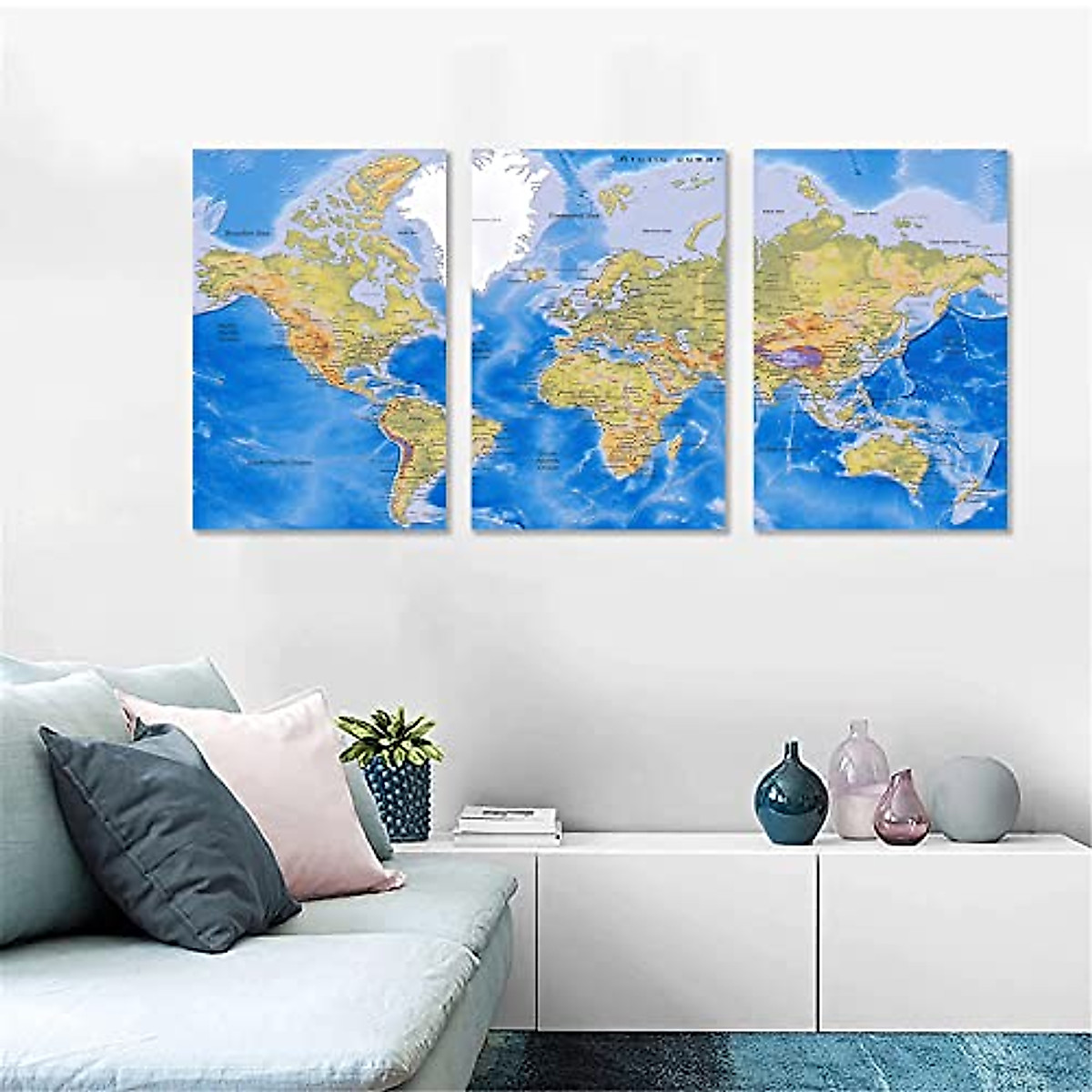 Blue World Map Wall Art Canvas Decor Poster for Office, Living Room, Home Bedroom Decoration 16"x24"x3 Pcs Framed