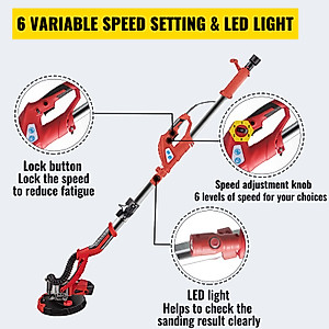 VEVOR Drywall Sander 850W, Variable Speed Dual-Head Sander 800-1750RPM, Electric Drywall Sander Foldable Sheetrock Sander with Telescope Handle, Ceiling Sander with 12 Sand Pads, Durable Wall Sander