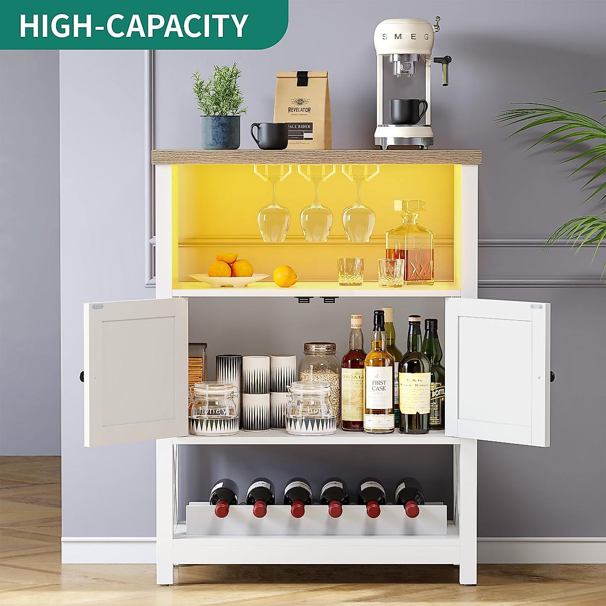 YITAHOME Sideboard Buffet Cabinet with Light, 31.5'' Farmhouse Coffee Bar Cabinets with Storage, Wine Bar Cabinet for Home with Wine Rack and Glass Holder (White Oak)