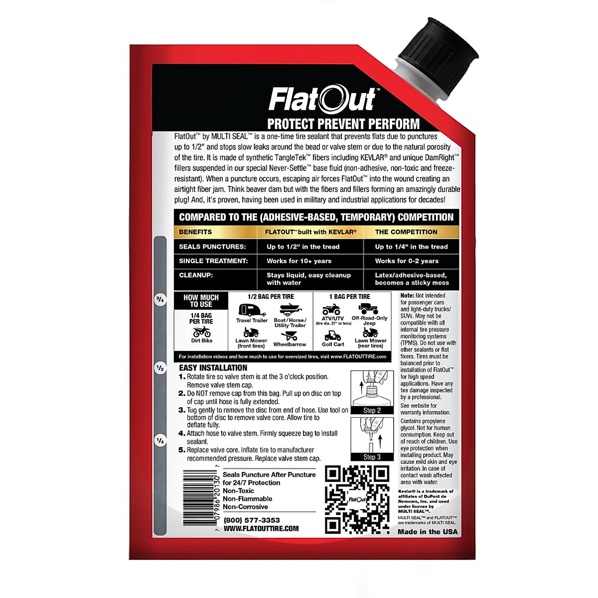 FlatOut Off Road Tire Sealant, Multi-Purpose Formula, Prevents Flat Tires, Fix a Flat Tire, Seals Leaks, Conatins Kevlar, 32 Ounce Bag, 1-Pack