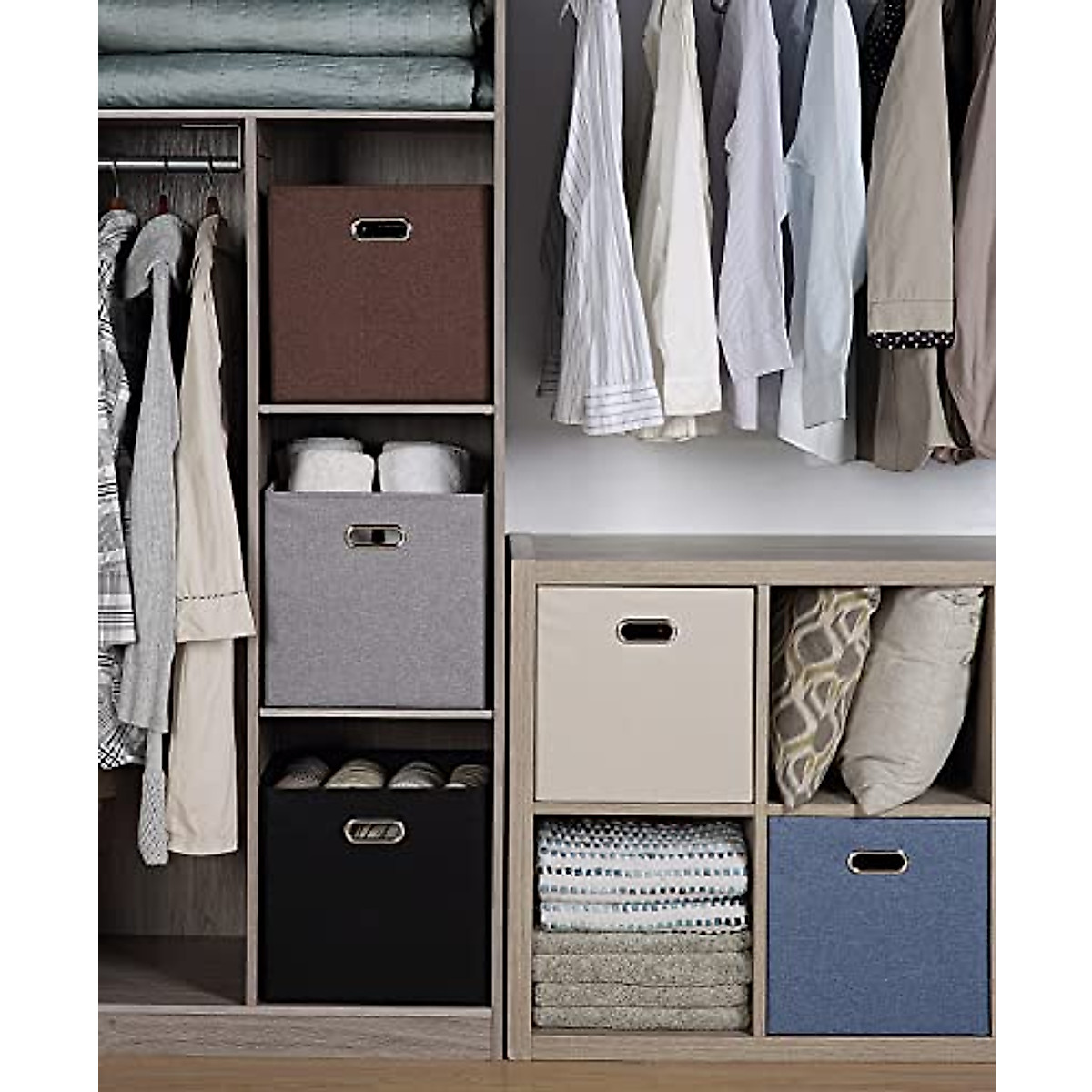 SunnyPoint Cloth Foldable Storage Basket Bin, Foldable Storage Cube Boxes Fabric Drawer with Metal Handle for Closet Shelf, Cabinet, Bookcase (10.5", Cream)