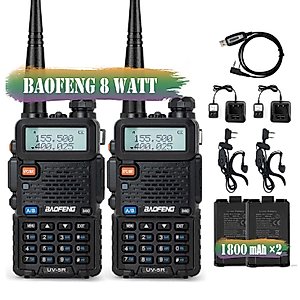 BAOFENG UV-5R Ham Radio 8W with 2 Rechargeable Batteries, Long Range Handheld Ham Radios (VHF & UHF) with Programming Cable and Earpiece(2Pack)