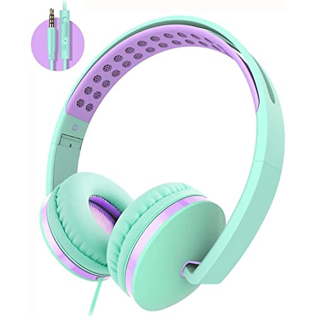 Kids Headphones for School, Volume Control Foldable&Adjustable On-Ear Headphones for Kids Boys Girls, 3.5mm Jack Stereo Wired Headphones for Phone, Tablet, Kindle, School/Travel Mint