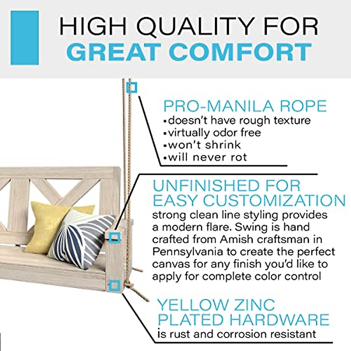 Porchgate Amish Heavy Duty 700 Lb Farmhouse Porch Swing W/ Ropes (5 Foot, Unfinished)