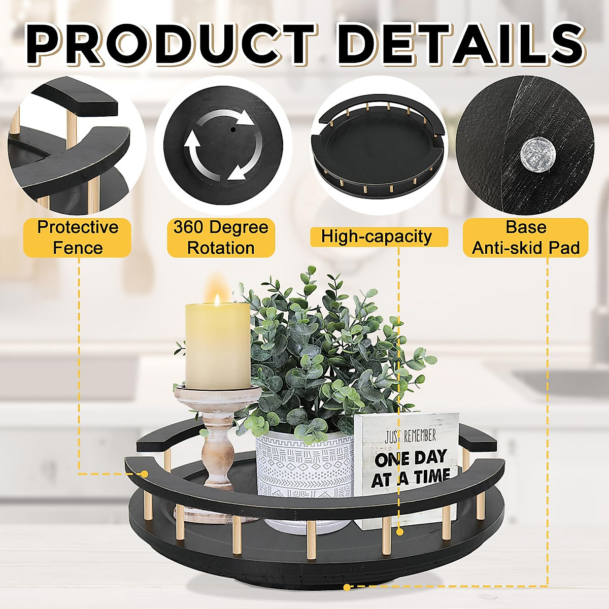 12" Wood Lazy Susan Turntable, Kitchen Countertop Lazy Susan Organizer Turntable with Guardrail Sides, 360 Degree Turntable for Countertop Cabinet Closets Dining Table, Decorative Serving Tray, Black