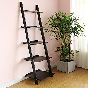 HYNAWIN Ladder Shelf 5 Tier Bookcase, Multipurpose Plant Flower Stand Bookshelf Storage Rack Shelves, Wood Look Accent Bamboo Frame Modern Furniture Home Office (Black)
