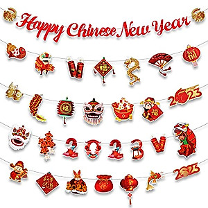 5 Pcs Happy Chinese New Year Banner Lunar New Year Decoration 2023 Pre Assembled Spring Festival Hanging Wall Decor for Home Office Party Supplies Party Photo Background