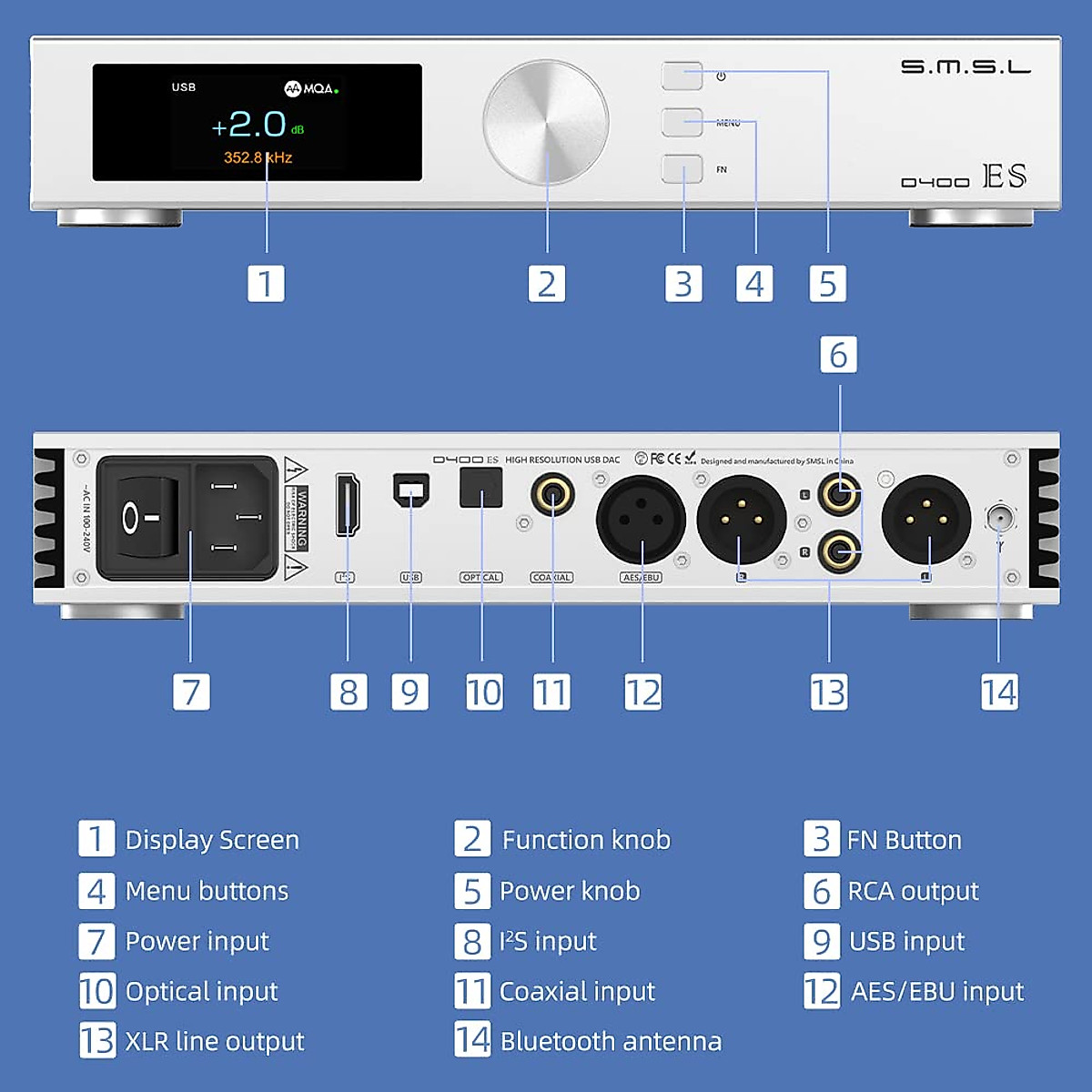 S.M.S.L SMSL D400ES,ES9039MPRO Chip,Bluetooth Hifi Fever MQA Balanced dac Pure Decoder,USB/Optical/Coaxial,OPA1612A (with remote control)