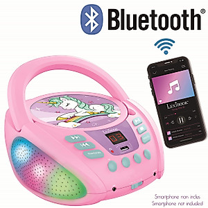 Lexibook Unicorn - Bluetooth CD Player for Kids – Portable, Multicoloured Light Effects, Microphone Jack, Aux-in Jack, AC or Battery-Operated, Girls, Boys, Pink, RCD109UNI