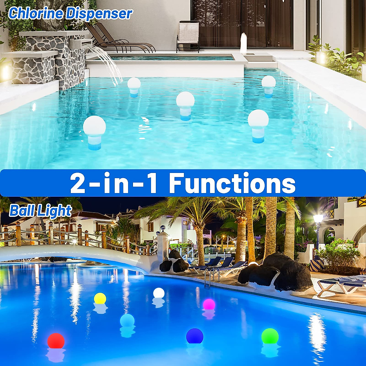 Pool Chlorine Floater for 1 Inch Tablets, 2 in 1 Floating Chlorine Dispenser with 3.4 Inch LED Ball Lights, Chlorine Tablet Holder for Small Above Ground and Inground Pools, Spa, Hot Tub-2 Pack