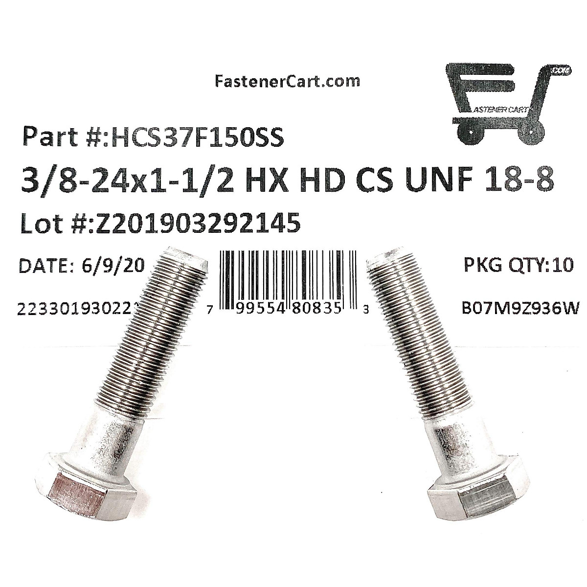 3/8-24x1-1/2 Stainless Steel Hex Cap Screws PT Hex Bolts 18-8 (UNF) FINE Thread (10 pcs)