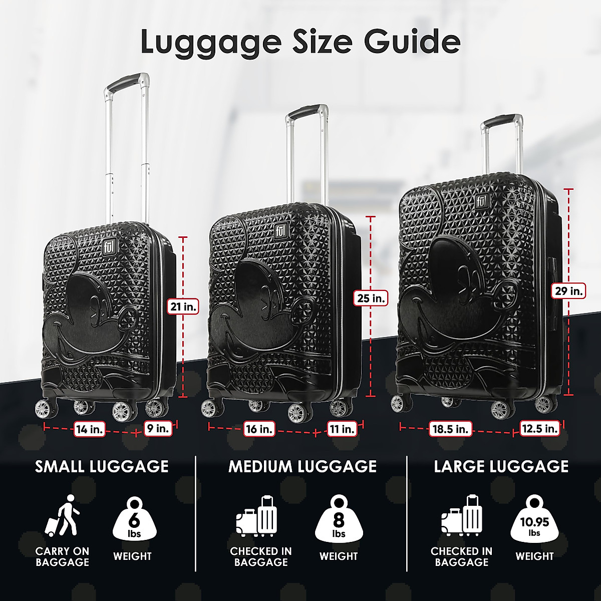 FUL Disney Mickey Mouse Rolling Luggage, Hardside Suitcase with Spinner Wheels, Black, 29 Inch