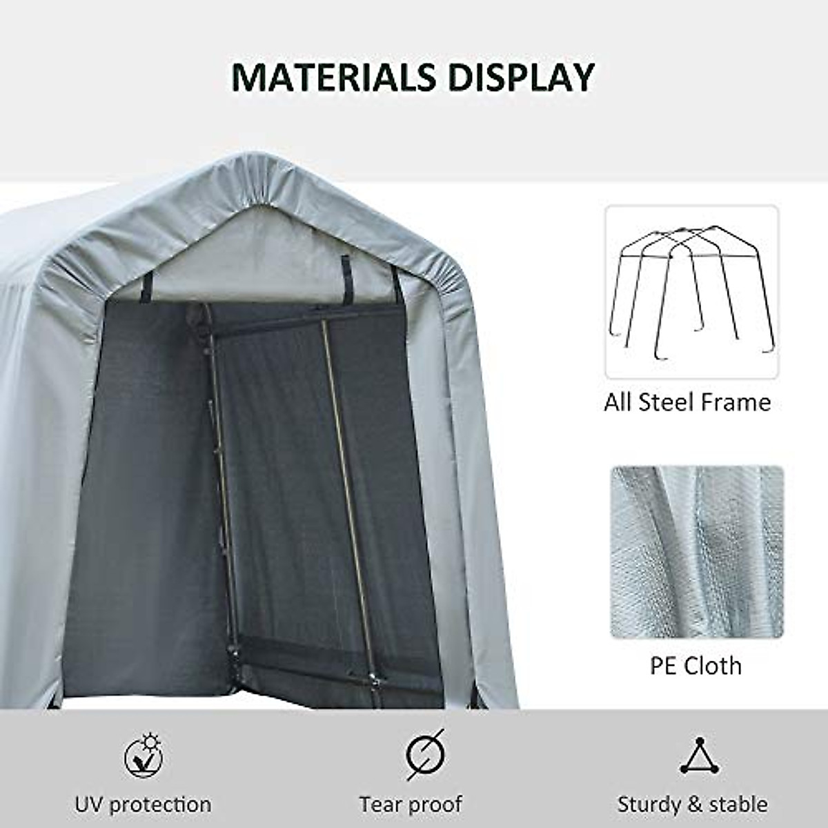 Outsunny 8'x6' Outdoor Storage Shelter with Rollup & Zipper Door, Heavy Duty Carport Shed for Motorcycle Garden Storage, Grey