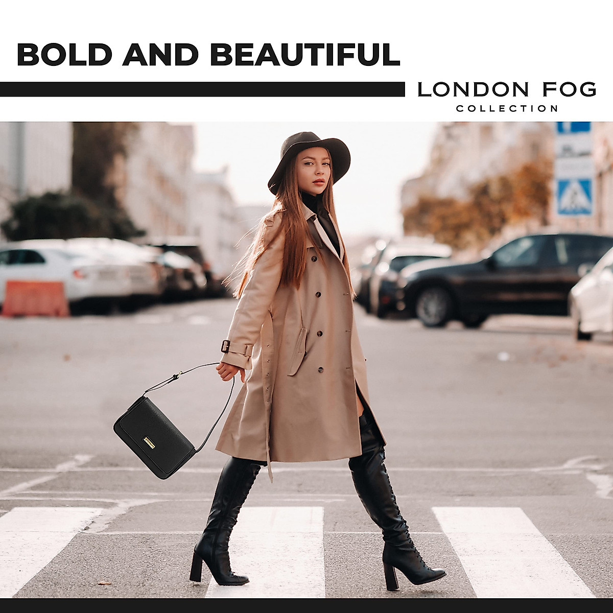 LONDON FOG ASTOR Texture Shoulder Bag for Women with Adjustable Strap - Black Texture