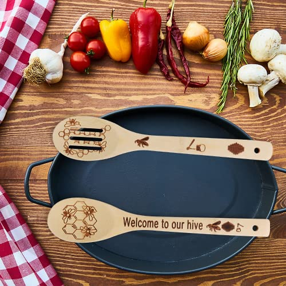 Bee Decor Set of 4,2 Bee Wooden Spoons & 2 Bee Kitchen Towels,Farmhouse Honey Bee Kitchen Decor,Bumble Bee Decorations,Bee Gifts,Birthday Gifts,Housewarming Gifts