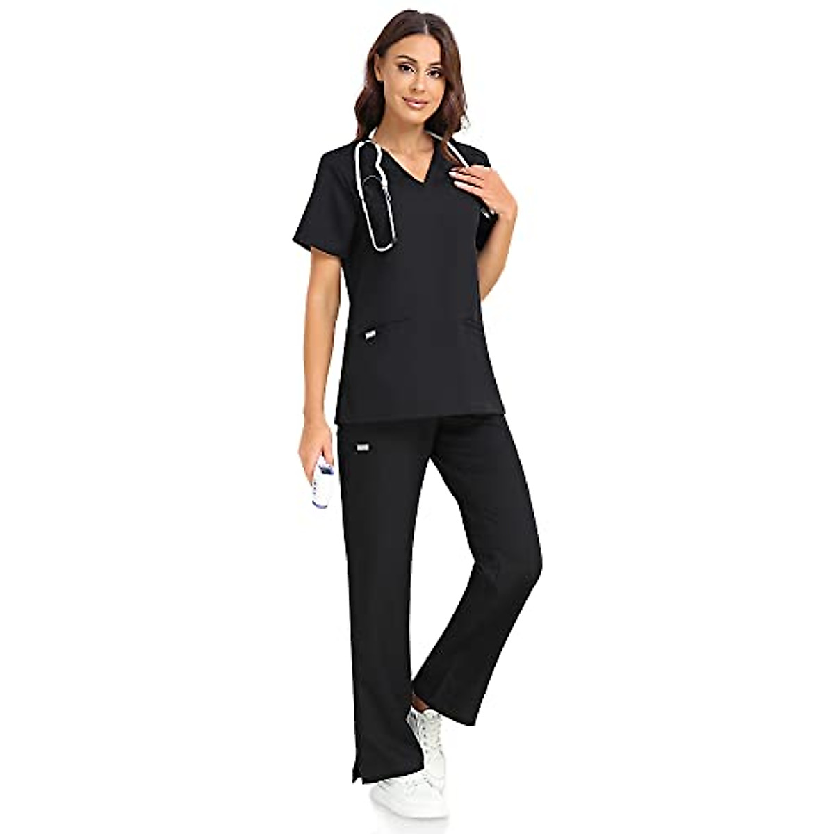 COMENII Scrub Tops for Women, 3 Pocket Soft V-Neck Tailored Fit Workwear, Anti-Wrinkle Medical Scrubs for Women（Black M）