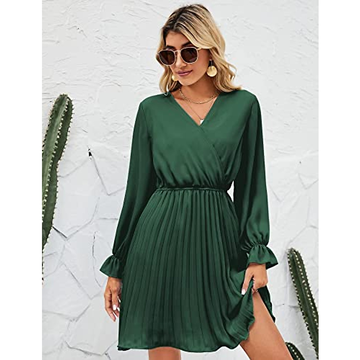 Ondogdog Women's Wrap V-Neck Dress Wedding Guest Casual Pleated Long Sleeve Mini Dress Green