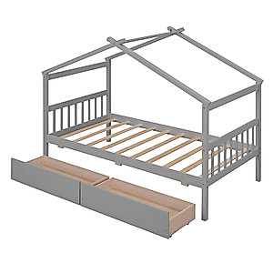 Harper & Bright Designs Twin Size House Bed for Kids, Wooden House Bed Twin with Two Drawers, Kids Twin Bed Frame with Storage,Roof Design for Girls Boys, Grey