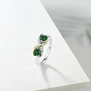 Gem Stone King 925 Sterling Silver and 10K Yellow Gold Green Nano Emerald and White Lab Grown Diamond Ring For Women (1.04 Cttw, Heart Shape 5MM, Available in size 5, 6, 7, 8, 9)