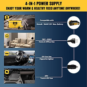 WITLIGHT Electric Lunch Box, Mellif Compatible with dewalt 20V Max Battery (NOT Included) 75W 62OZ(1.8L) Food Heater 110V/12V/24V for Home/Truck/Jobsite, Leak-proof Portable Heated Lunch Kit