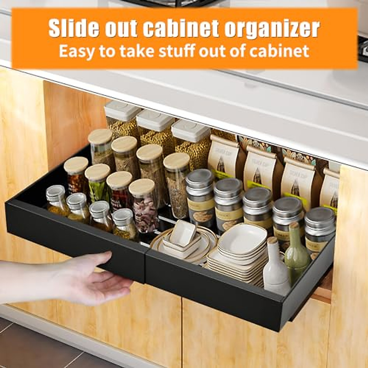 2 Pcs Pull Out Cabinet Organizer, Expandable(12.4"-20.5") Pull Out Drawers for Cabinets Slide Out Drawers for Kitchen Cabinets with Adhesive Nano Film Mounting Adjustable for Kitchen, Pantry (Black)