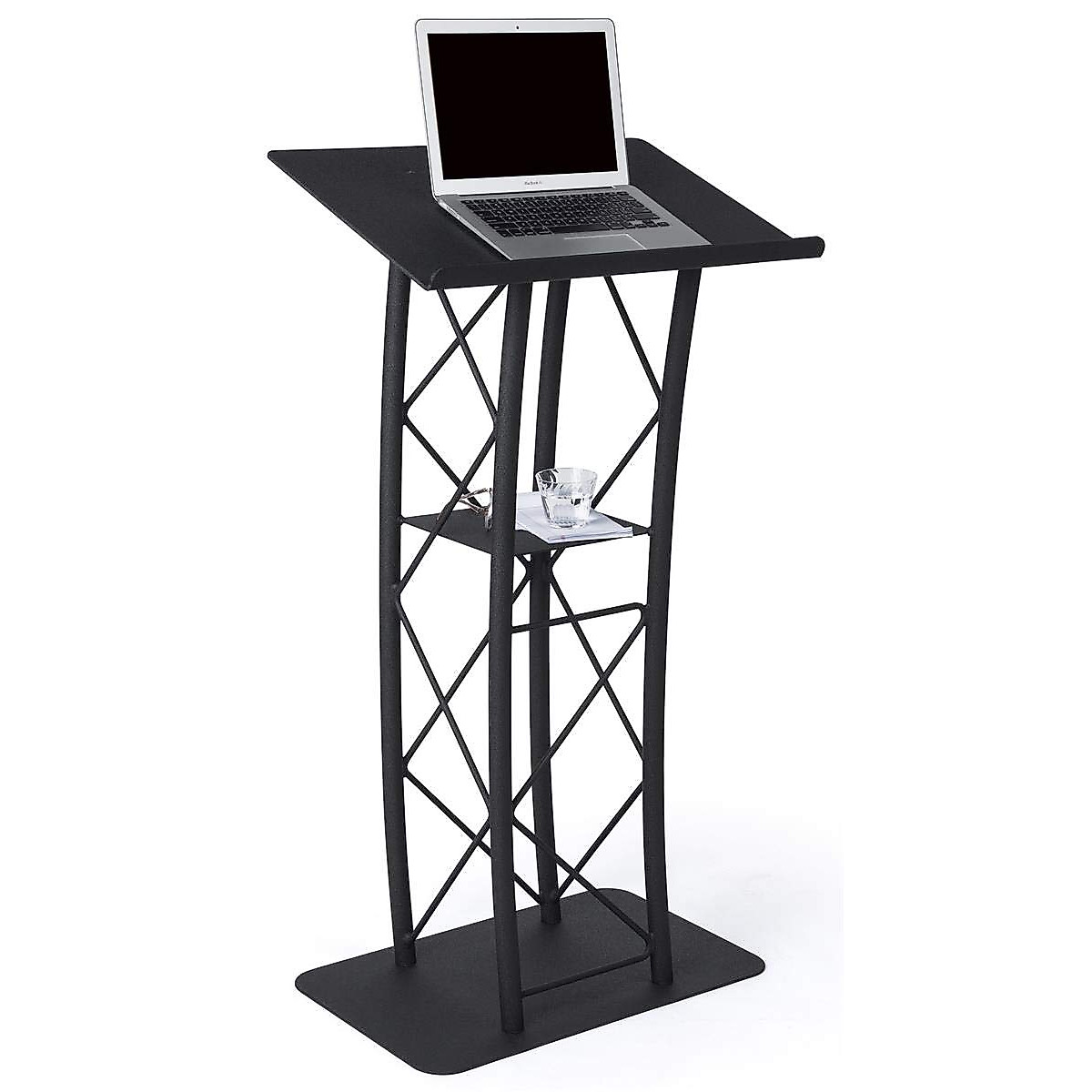 Displays2go Black Aluminum and Steel Truss Lectern with Curved Design and Built-in Shelf, 47-Inch Tall, Textured Finish (LCTTACBK)