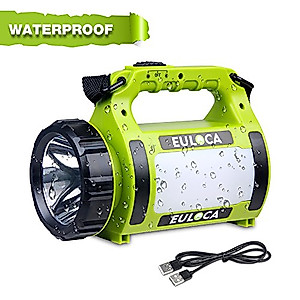 EULOCA Rechargeable CREE LED Spotlight, Multi Function Camping Lantern Big Flashlight, Power Bank，Waterproof Searchlight for Hurricane Emergency, Hiking, Home and More USB Cable Included