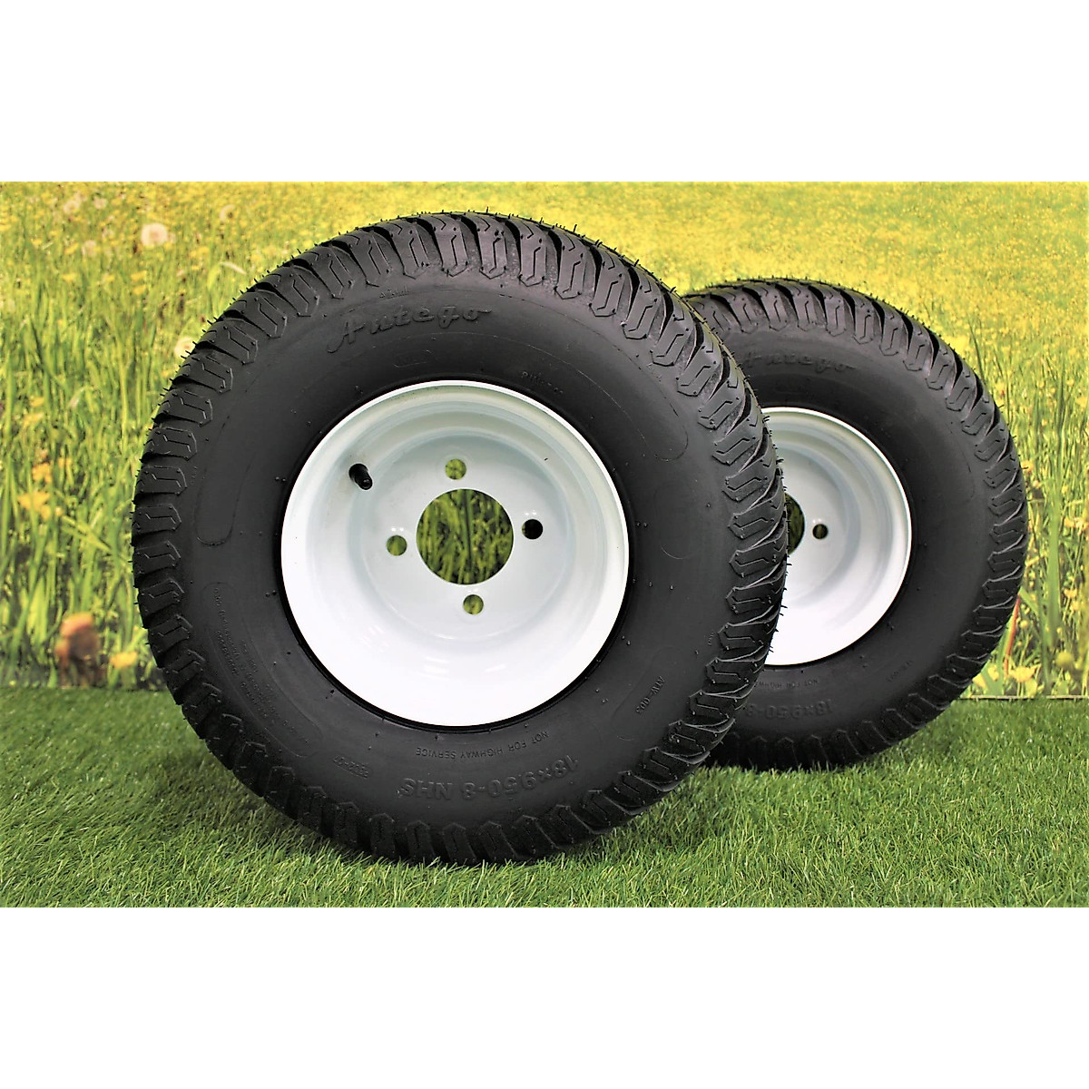 Antego Tire & Wheel - Set of Two 18x9.50-8 4 Ply Tire & Wheel Assemblies | White 8x7 Wheel | Direct Replacement for Toro/Exmark 110-6883, 120-2249 | Suitable for Golf Carts & Some Craftsman Mowers