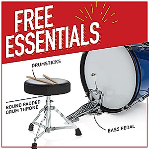 Mendini by Cecilio Kids Drum Set 5 Piece - Full 16in Youth Drumset with Bass, Toms, Snare Drum, Cymbal, Hi-Hat, Drumsticks & Seat for 5 to 12 Year Old and Beginner Adult Set - Blue