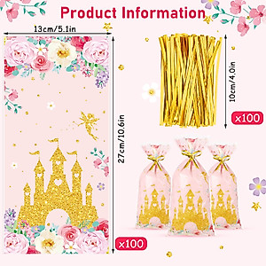 Leinuosen 100 Pcs Princess Theme Cellophane Treat Bags with Ties Castle Floral Fairy Princess Party Favor Bags Pink Plastic Candy Bags Cookie Bags Favor Gift Bag for Princess Birthday Party Supplies