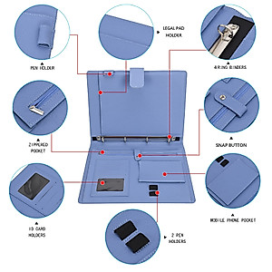 Wonderpool A4 PU Leather Ring Holder Writing Portfolio Multi Document Case with Removable Binder Clipboard and Functional Pocket for Organizer Office Travel School (Blue)