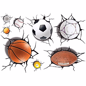 Supzone Sport Balls Wall Decals 3D Wall Stickers Break Through The Wall Removable Vinyl DIY Basketball Rugby Baseball Football Wall Decor Boys Playroom Bedroom Classroom Living Room