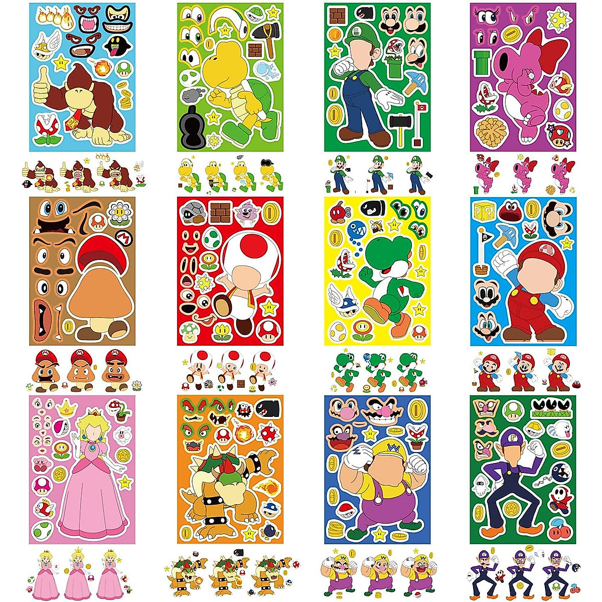 36PCS Mario Make a Face Stickers, DIY Mario Party Supplies Favors Make Your Own Stickers Mixed and Matched with Different Designs Characters for Birthday Gifts Class Reward Book Decor