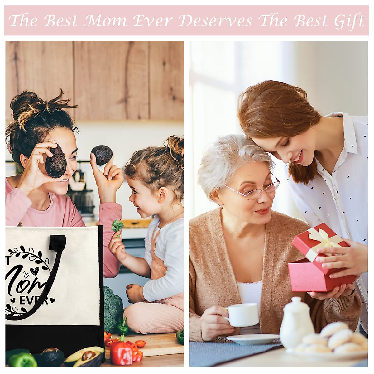 QLOVEA Mothers Day Gifts, Best Mom Ever Gift from Daughter Son Kids, Personalized Canvas Mom Tote for Mom Birthday Gifts, Christmas, Mom to Be, New Mom, Hospital, Stepmother, Ideal for Beach, Travel