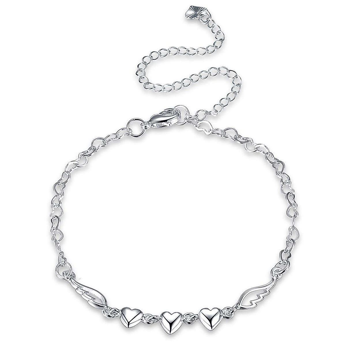 Cutesmile Fashion Jewelry 925 Sterling Silver Love Heart Angel Wings Chain Anklet
