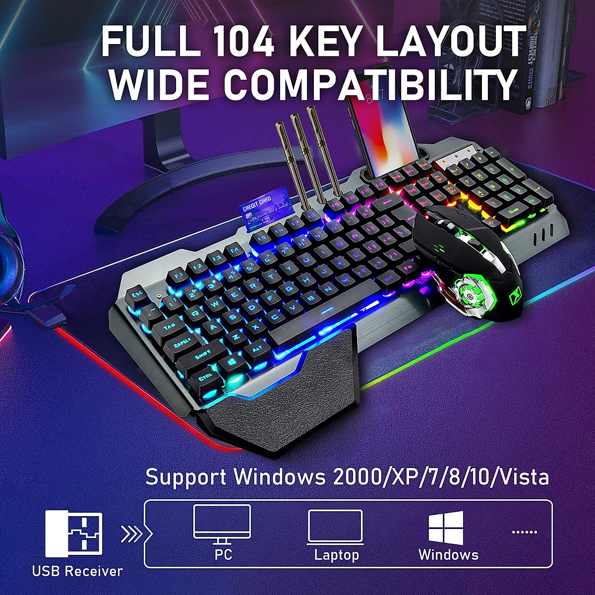 Wireless Gaming Keyboard Mouse and Wired Computer Speaker with Rainbow RGB Backlit Rechargeable Battery Metal Mechanical Ergonomic Waterproof Dustproof Removable Palm Rest for Laptop PC Gamer(Black)