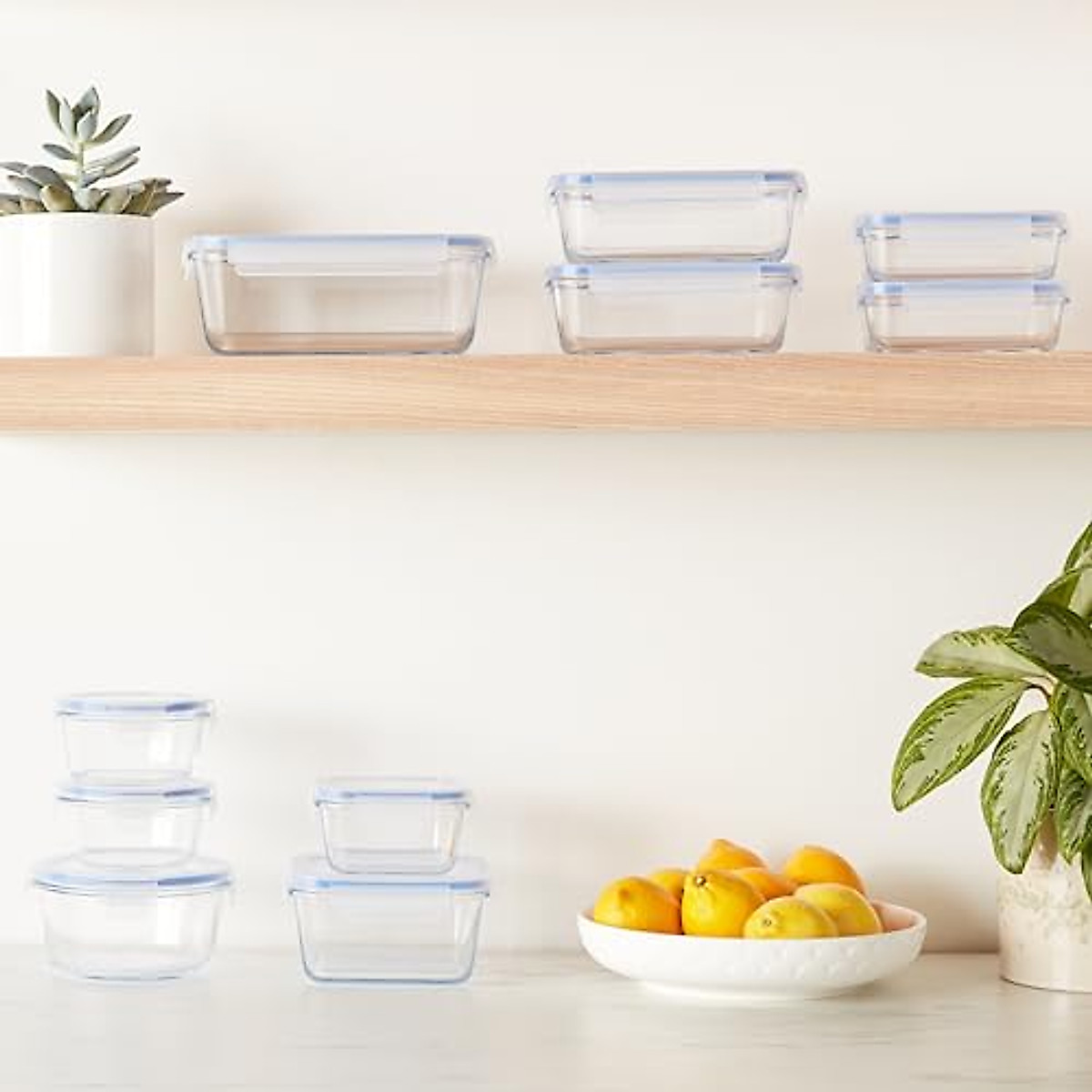 Amazon Basics 20-Piece Glass Food Storage Containers, 10 Count of Bases and Plastic Lids, Transparent, Blue