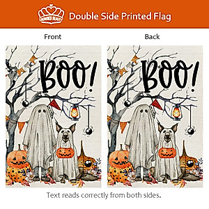 CROWNED BEAUTY Halloween Boo Garden Flag Ghost Dog 12x18 Inch Double Sided for Outside Small Burlap Welcome Holiday Ghost Yard Flag