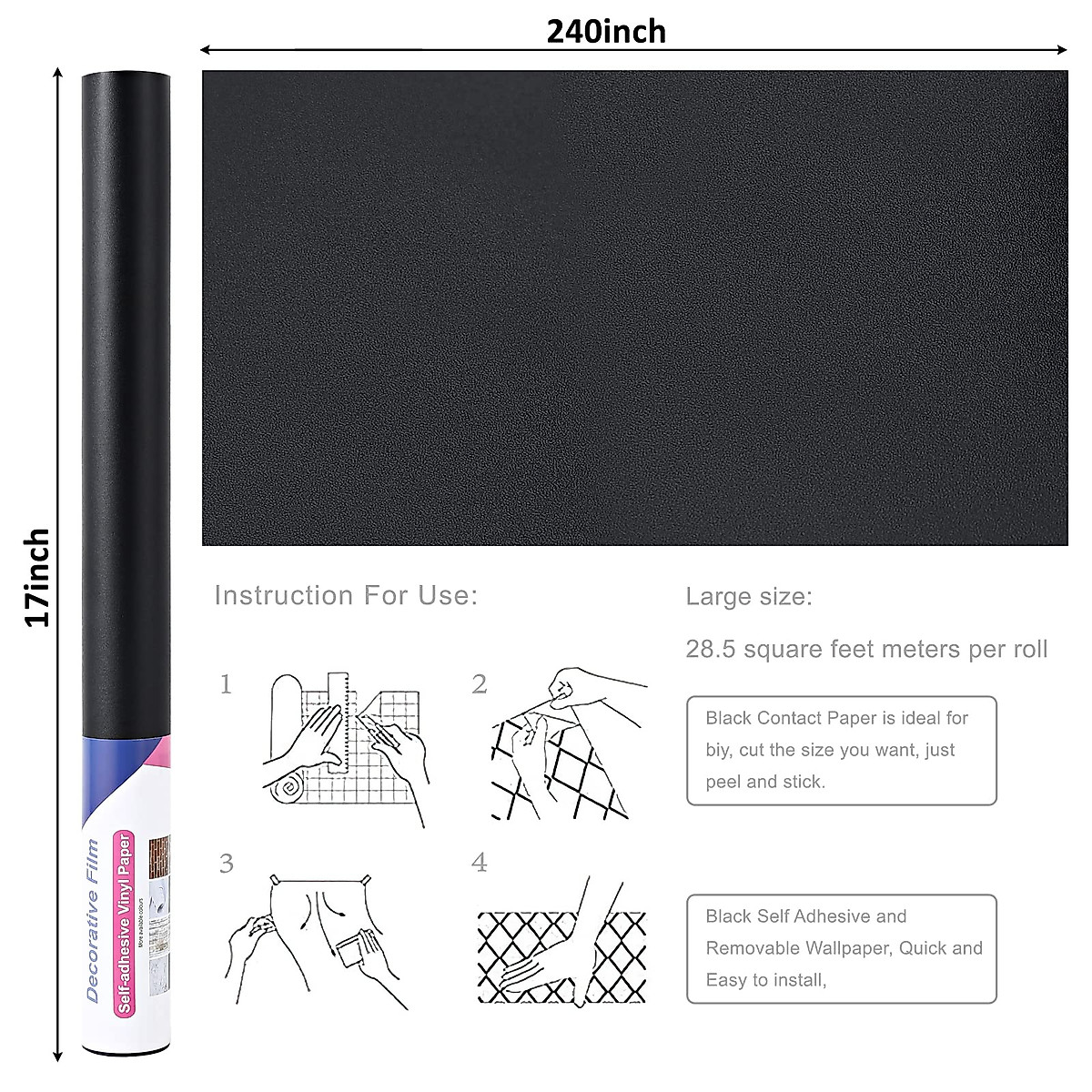 Arthome17 x240 Black Wallpaper Peel and Stick Wallpaper,Matte Black Contact Paper Self-Adhesive and Removable Vinyl Wallpaper Waterproof Contact Paper for Cabinets Countertops Wall Covering