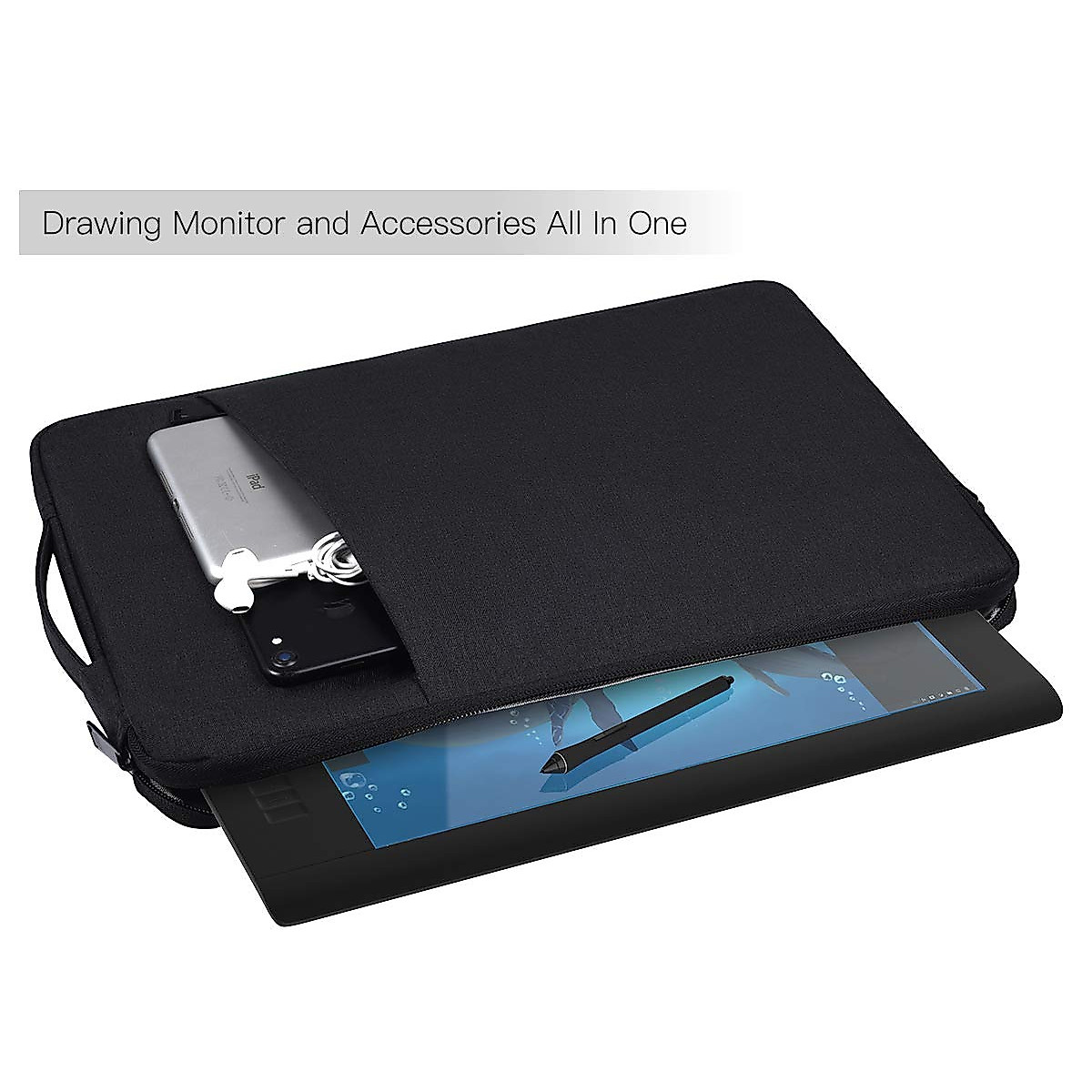 Waterproof Drawing Tablet Sleeve Case Bag for XP-Pen Deco 01 V2/ Artist12 Pro, Huion H610 Pro/ HS610 HS611, UGEE M708, Wacom One, GAOMON PD1161, Black