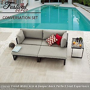 Festival Depot 5 Pieces Patio Furniture Outdoor Conversation Set Metal Corner Sectional Sofa Couch Patio Armrest Chair Cushioned Lounger Dining Coffee Side Table with Ottomans