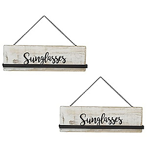MyGift Wall Mounted Whitewashed Wood Sunglasses Organizer, Hanging Eyewear Eyeglasses Sunglass Holder Rack with Cursive Sunglasses Lettering for Home Collection and Retail Display, Set of 2