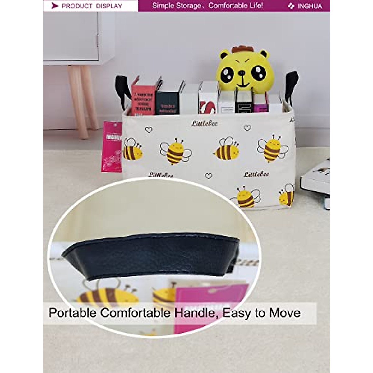 INGHUA Rectangular Storage Basket Fabric Organizer Bin for Toys,Books,Clothes,Gifts,Pets-Perfect for Home,Office,Nursery,Dorm,Shelf(Rec-Bee)