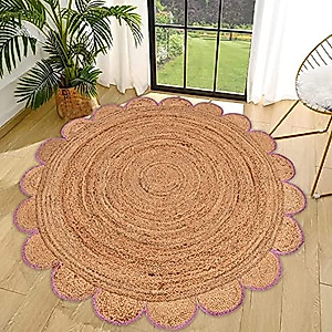4x4, 5x5, 6x6, Natural Jute Scallop Round Rug, Floor Pink Scalloped Edge Rug Braided Boho Eco Large Circular Handmade Area Rugs (4x4 FT)
