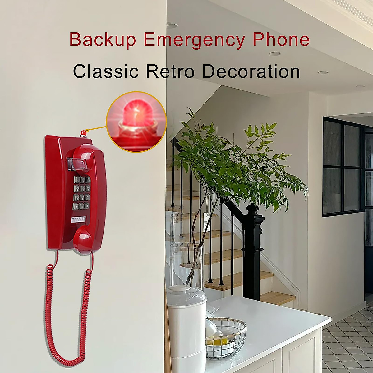 Traditional Wall Phones for Landline with Mechanical Ringing, Retro Wall Mounted Phone Waterproof, Classic 2554 Wall Telephone with Voicemail Indicator, Old Wall Mount Phone for Kitchen,Home,Red