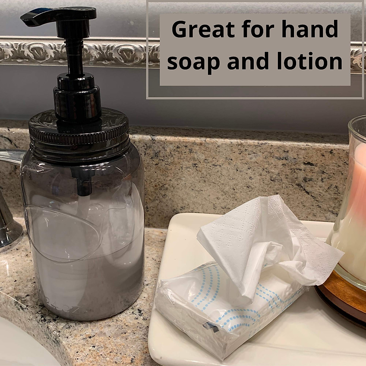 Bottiful Home-24 oz Plastic Refillable Wide-Mouth Jar Style Pump Bottle Dispenser Set of 4 for Shampoo, Conditioner, Wash, Soap, Lotion, Dish Soap, Sanitizer, Detergent (Gray)