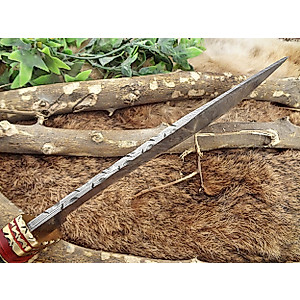 Damascus Steel Hunting Bowie Knife 14.5 Inches Custom Made Hand Forged with 10" Blade, 2 Tone Green Wood with Engraved Brass Scale, Thick Cow Hide Leather Sheath with Belt Loop (Black)