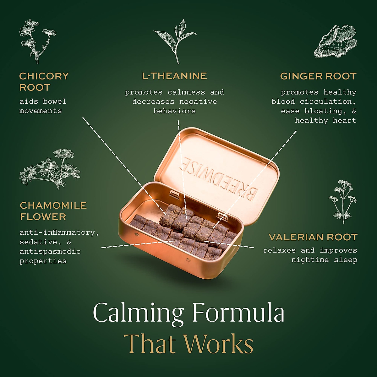 Breedwise Calming Bites All Natural Holistic Anxiety and Stress Reducing Hickory Bacon Flavored Dog Treats, 60 Count Jar